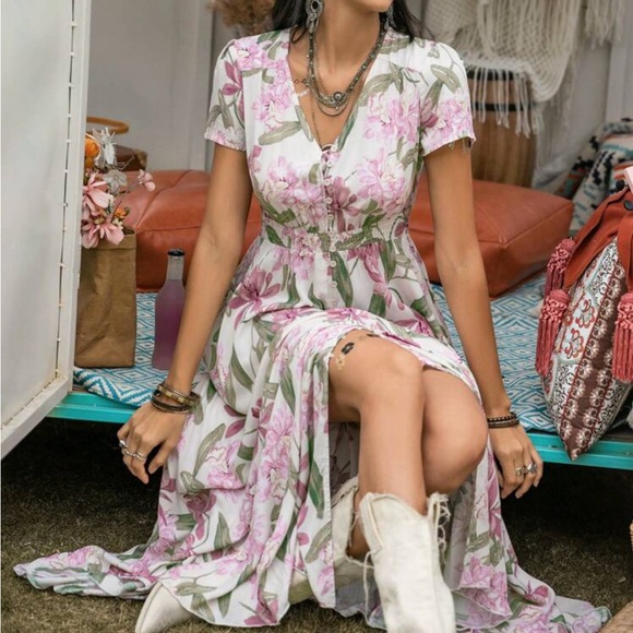 Dresses | Boho Floral Print Button Detail Maxi Dress | Poshmark